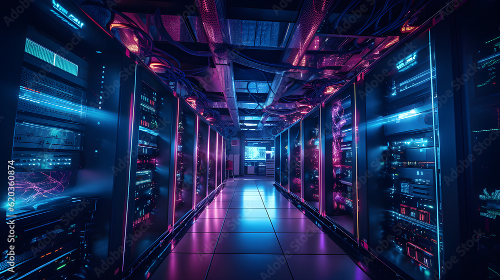 Data center with server racks, 3D concept illustration of information ...