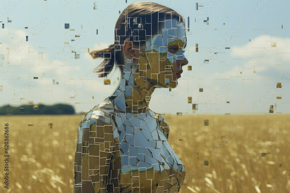 Woman standing in a Field Pixelated Metallic Falling Apart ...