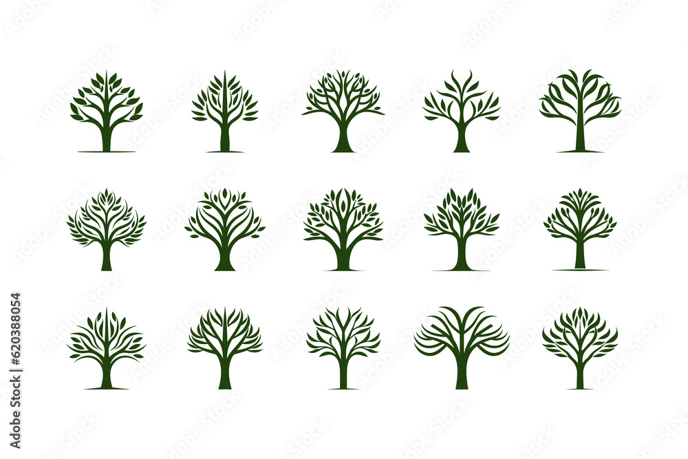 Iconic Nature Logo Set: Futuristic Modern Trees in Simple Symbolic ...