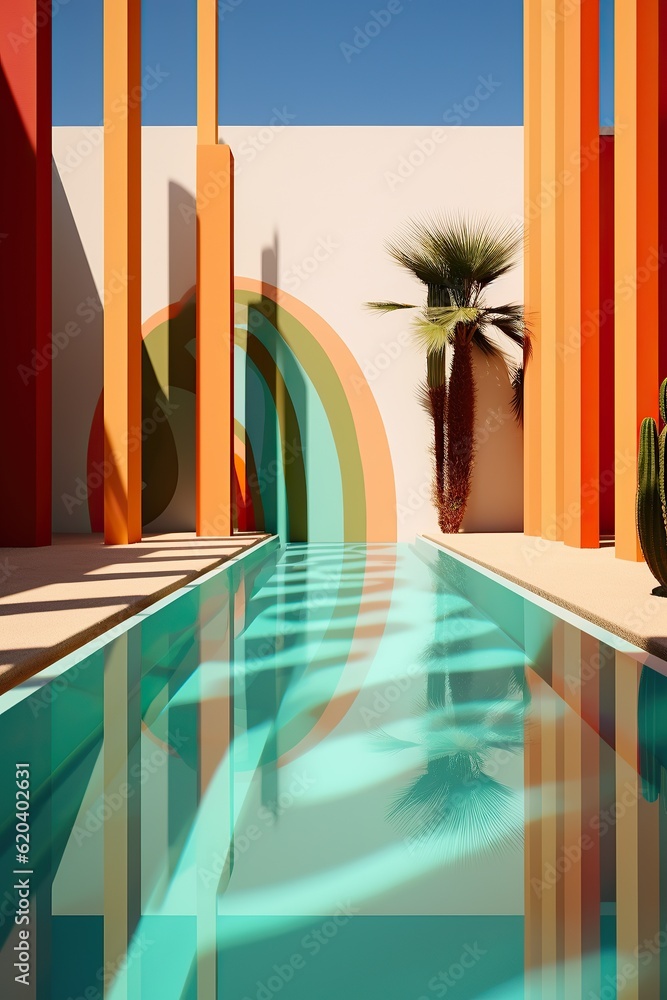 This stunning pool showcases an eye-catching rainbow design, creating a ...