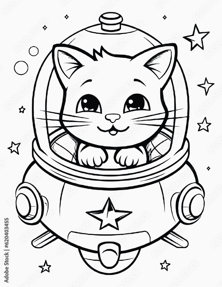 เวกเตอร์ Stock Cute space cats coloring page for kids, Alien cat pirate ...