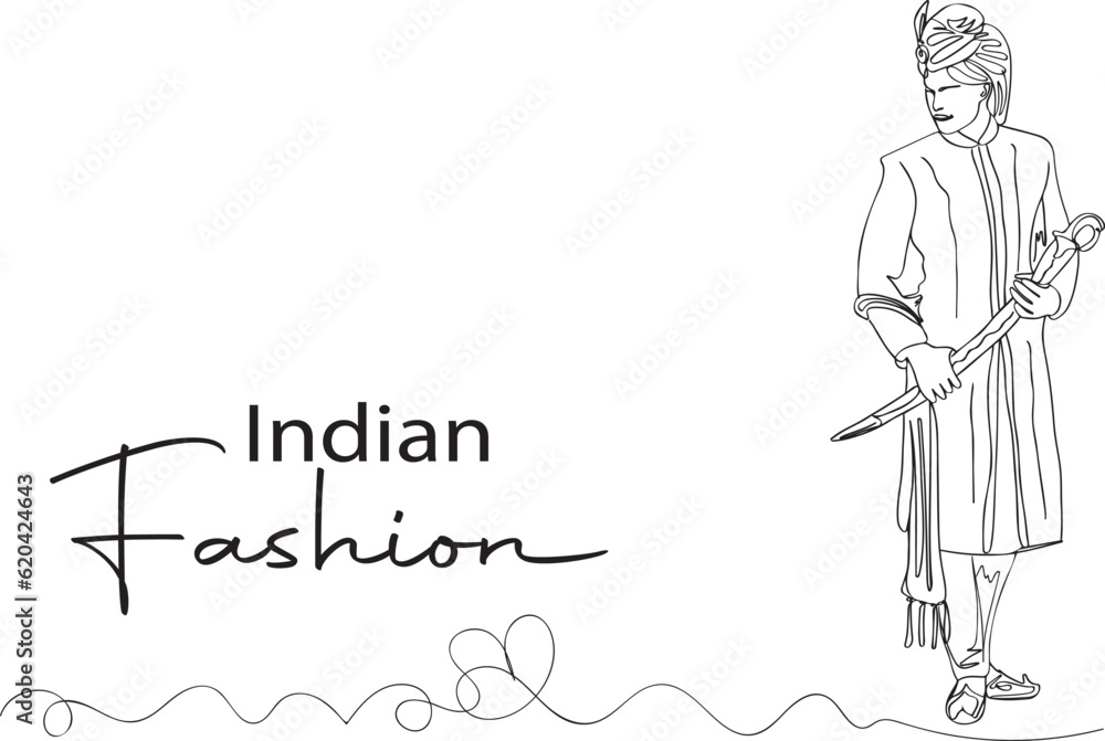 Continuous Outline Sketch of an Indian Man in a Sherwani for Wedding ...