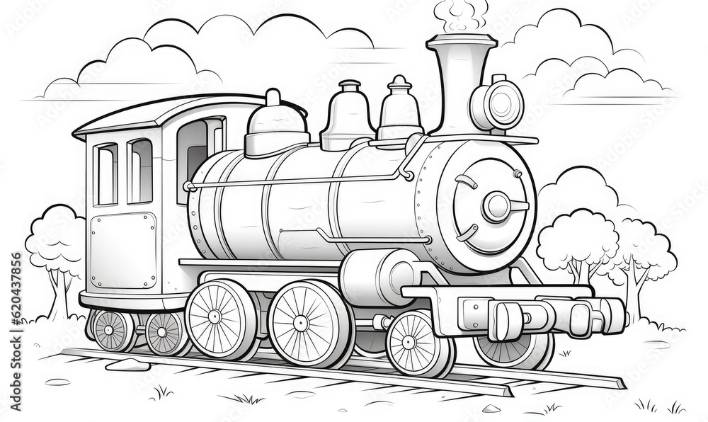 Add Vibrant Colors To The Cartoon Trains Line Art For An Exciting Coloring Adventure Stock