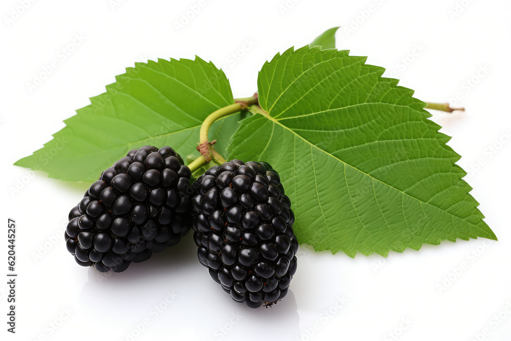 Three organic Mulberry fruits with green leaves isolated on white ...