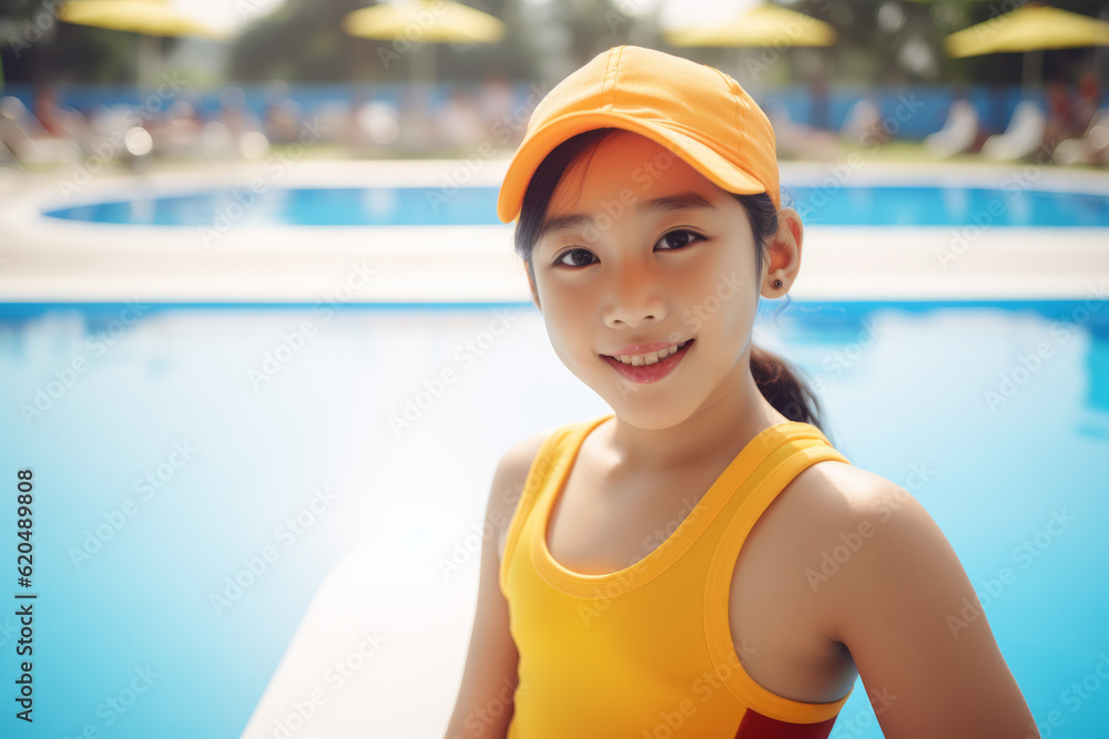 Young Chinese girl in yellow one piece swimsuit at swimming pool Stock ...