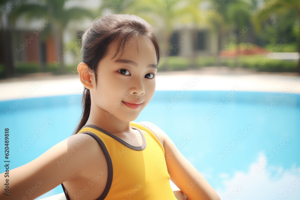 Young Chinese girl in yellow one piece swimsuit at swimming pool Stock ...