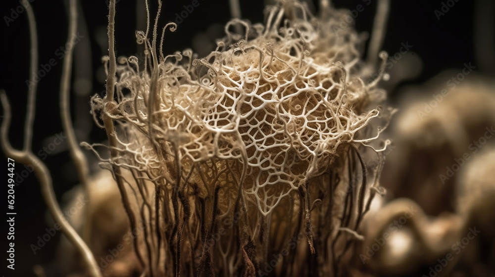 This image shows a close-up view of mycelium, the thread-like ...