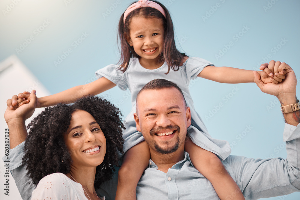 Family in portrait, girl on man shoulders and happy people outdoor ...