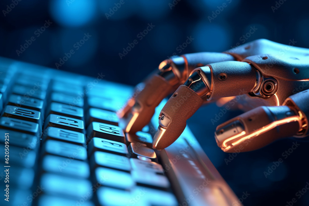 Robot's hand types on keyboard. Chat bot during work visualization ...