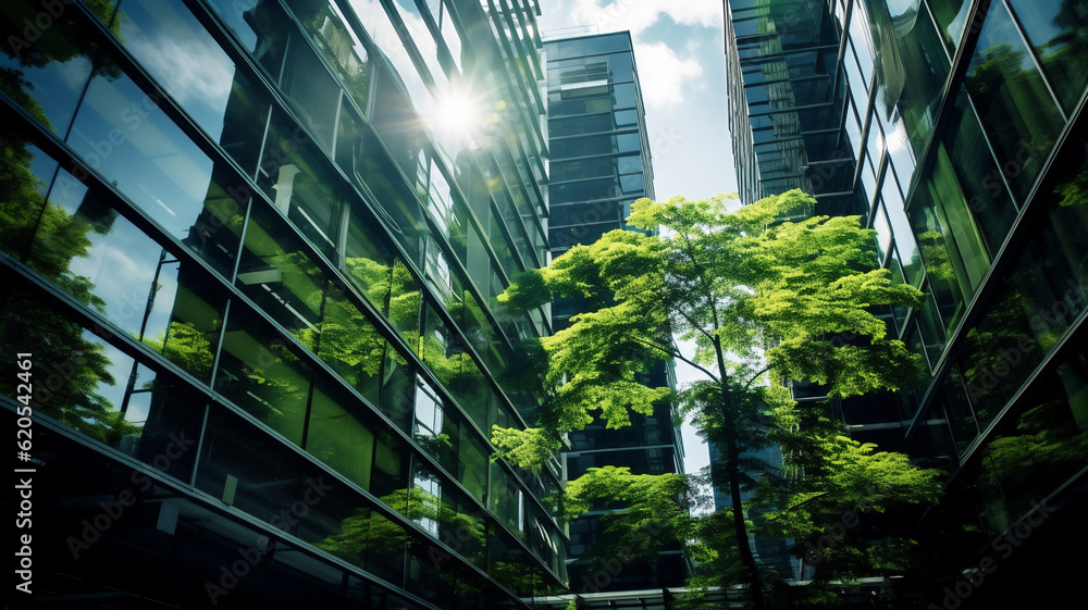 Eco-friendly building in modern city. Sustainable glass office building ...