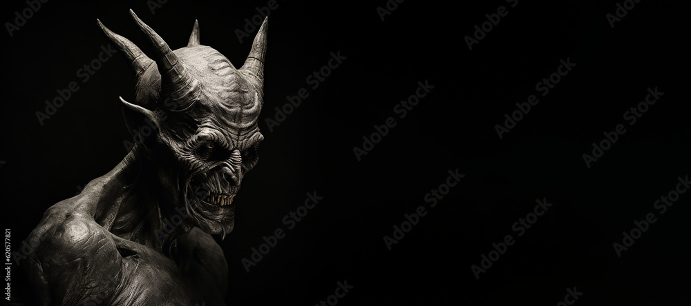 Black and white portrait of a demonic devil on black background banner ...