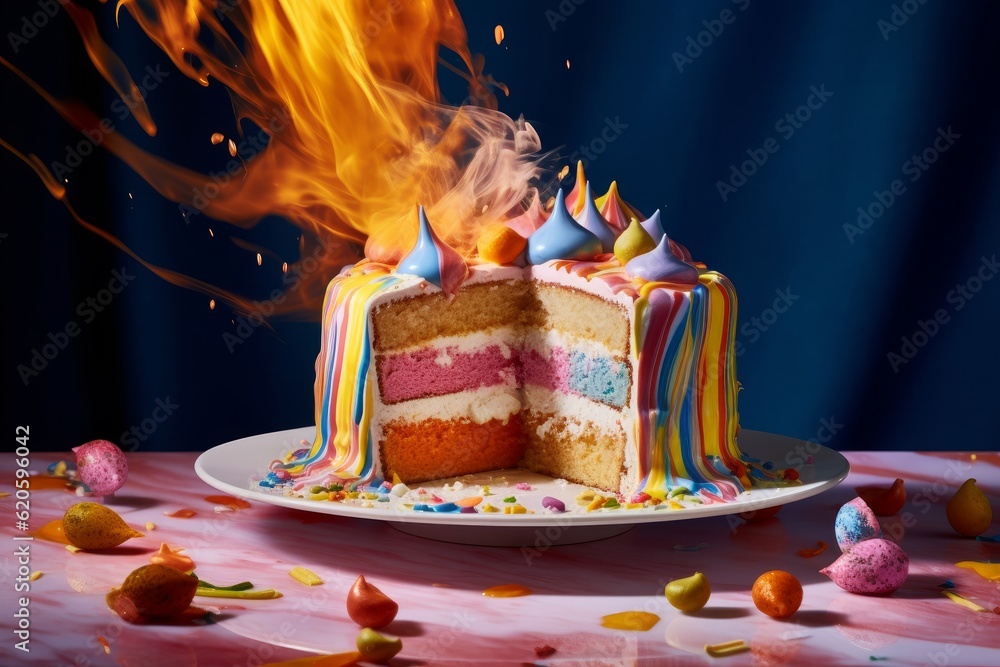Illustration of a birthday cake with animated flames shooting out of it ...