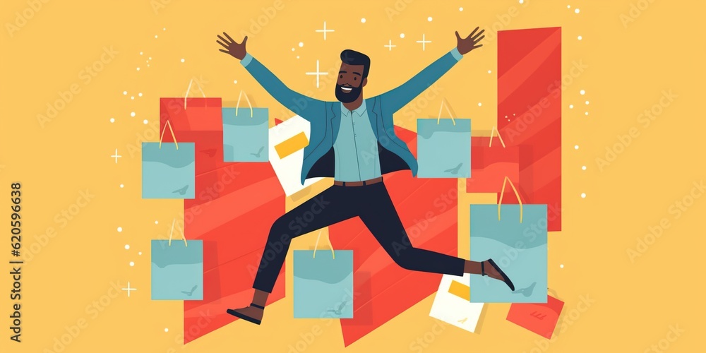 Customer jumping up and down with excitement holding sale item in each ...