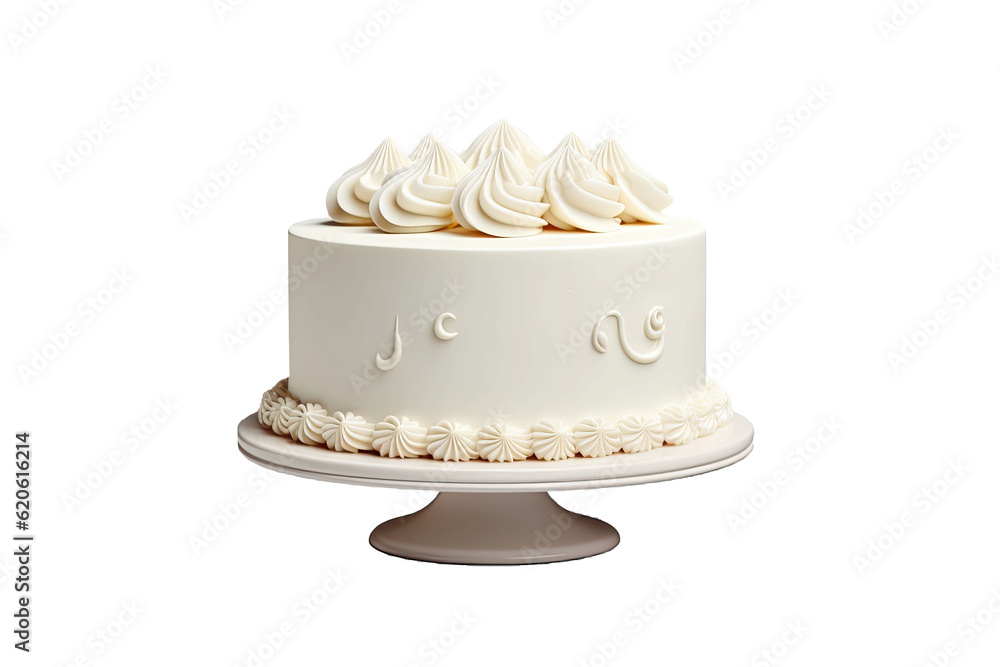 A white birthday cake is depicted in a 3D rendering, standing alone on ...