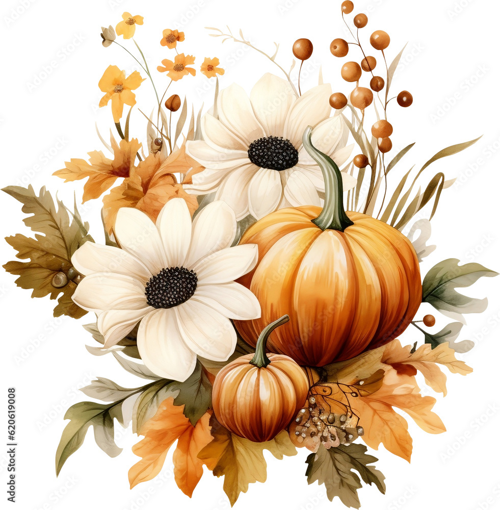 Watercolor Autumn Pumpkin Clipart, Fall Floral Leaves, Watercolor ...