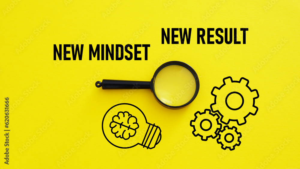 New Mindset New Result is shown using the text and picture of gears and ...
