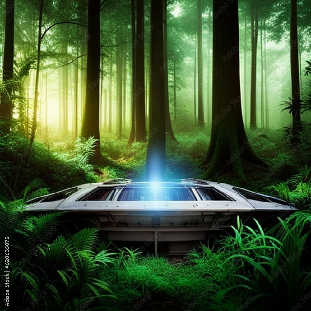 crashed spaceship in a dense forest, surrounded by tall trees and ...