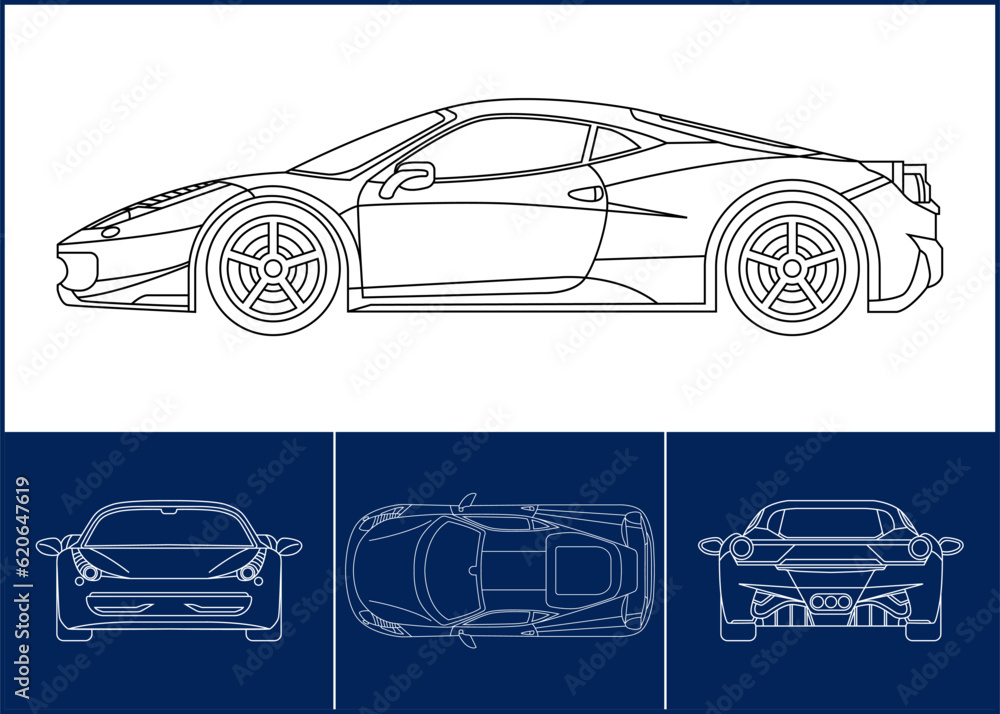 Sport Car template. Transportation outline stroke template. Blueprint ...