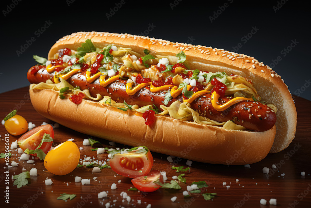 Indulge in the mouthwatering delight of a classic hot dog adorned with ...