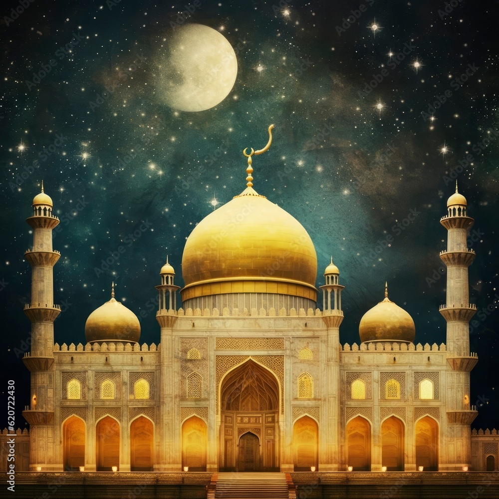 Vector illustrations of a moslem holiday, an evening night mosque with ...
