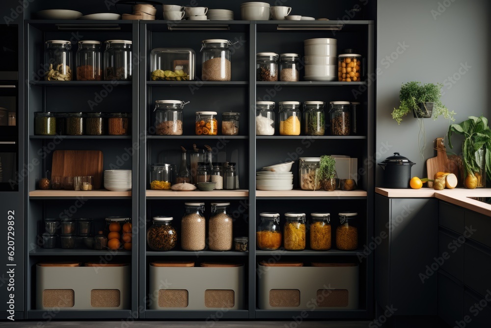kitchen with an organized and stylish pantry with glass jerry cans and ...