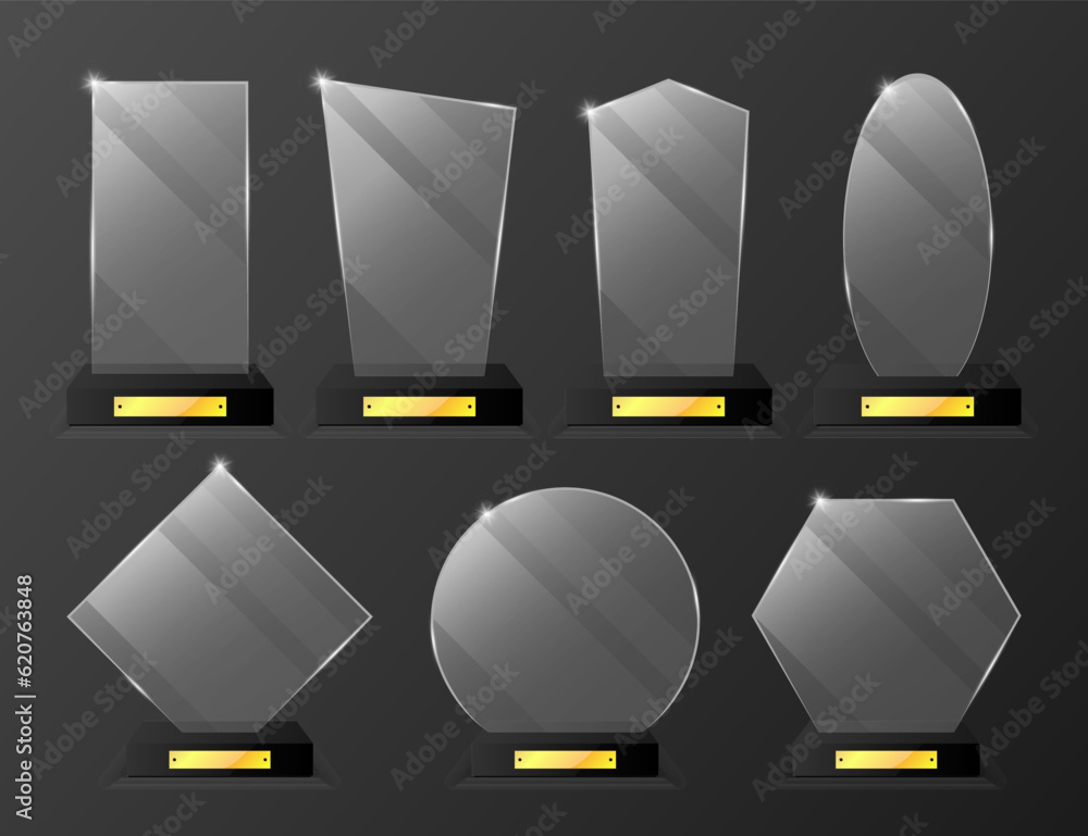 Glass Trophy Awards. Realistic glass winner Trophies. Set of luxurious ...