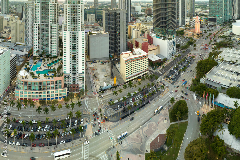 Aerial view of heavy traffic on urban street in downtown office ...
