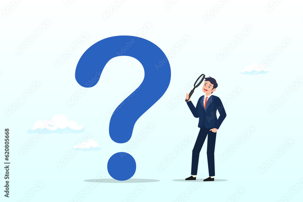 Smart businessman analyst using magnifying glass to analyze question ...