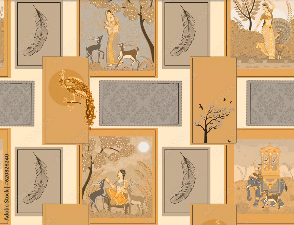 Lady with dear, Indian art style with peacock, leaves with ethnic ...