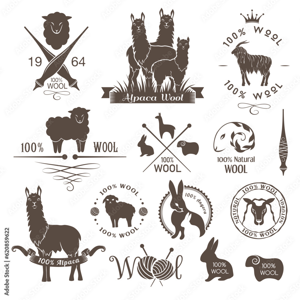 Wool labels, signs and design elements. Logo set of sheep, alpaca ...