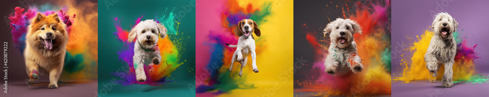 A cheerful playful dogs jumps up among the colors of Holi, banner with ...
