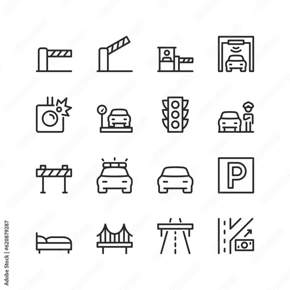Road, linear style icons set. High-speed toll road. Freeway. Checkpoint ...