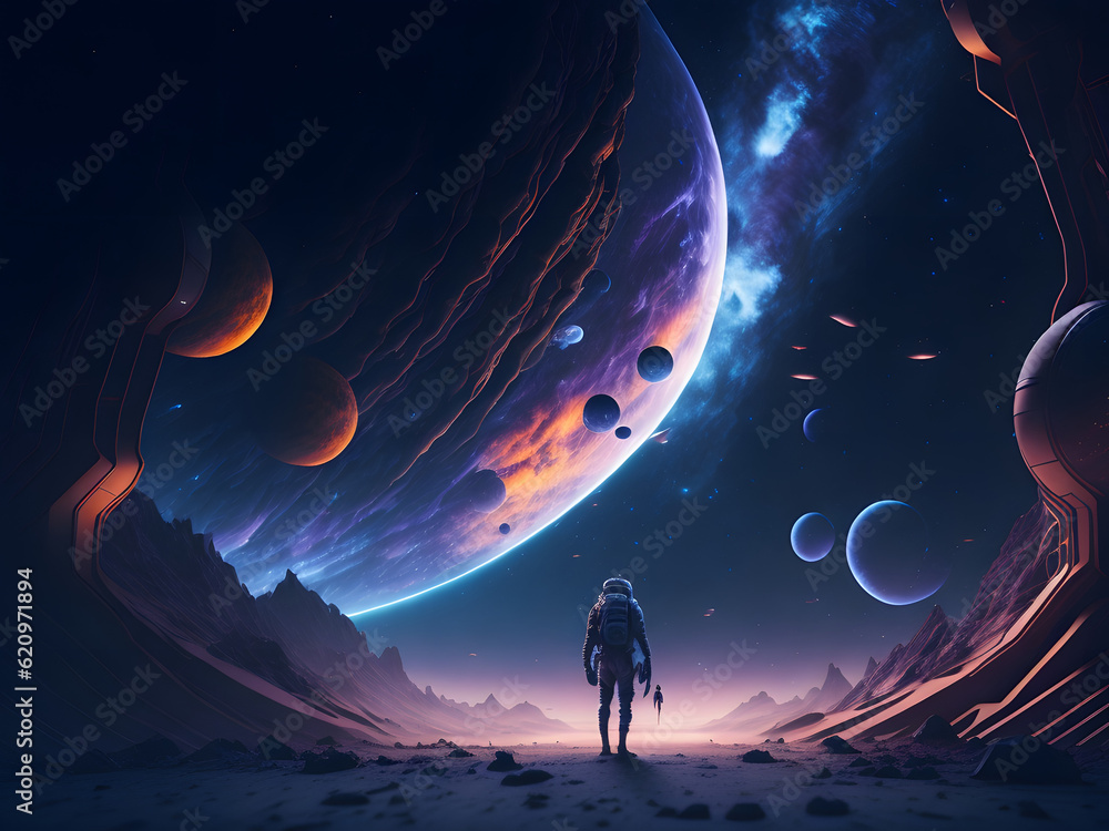 Futuristic Space Landscape, Planets, stars, Galaxy, Cosmos, Robots ...