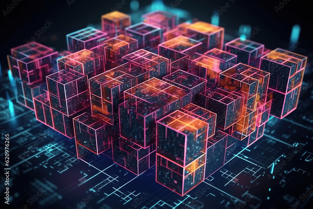 Hi tech A cubic array of square blocks is arranged against a backdrop ...