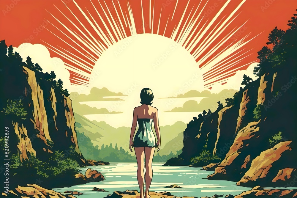 Girl sunset above forest background. Vector illustration in pop art ...
