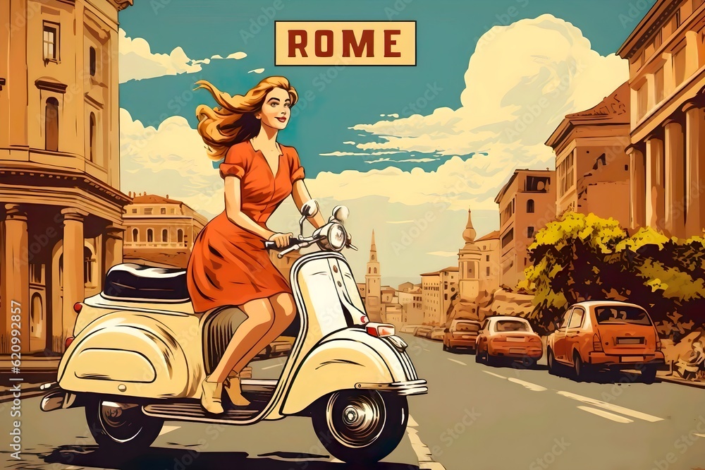 Girl with scooter on the street of Rome. Vector illustration in pop art ...