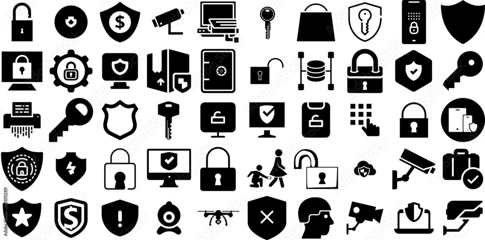 Huge Set Of Security Icons Collection Hand-Drawn Black Drawing ...