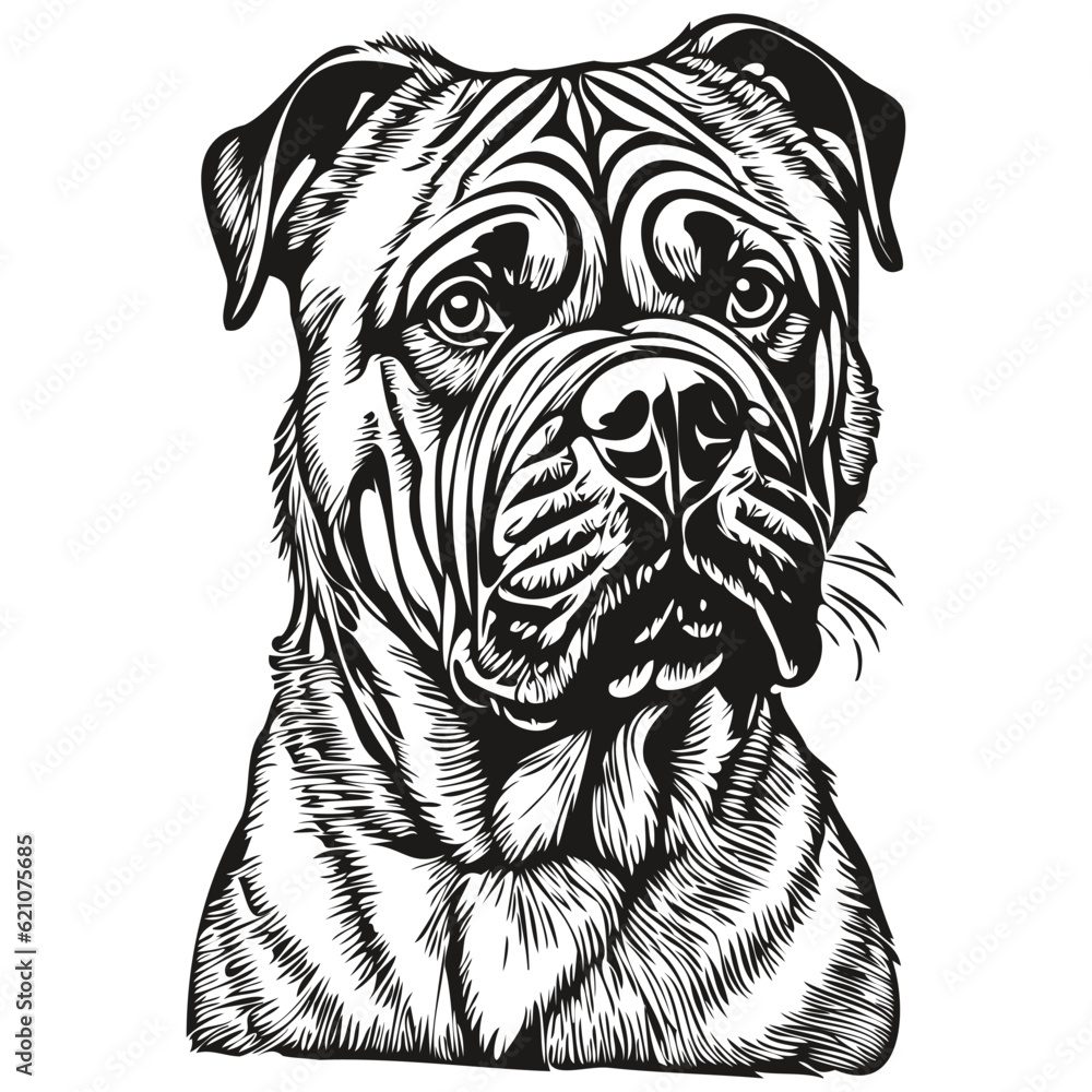 Bullmastiff dog realistic pet illustration, hand drawing face black and ...
