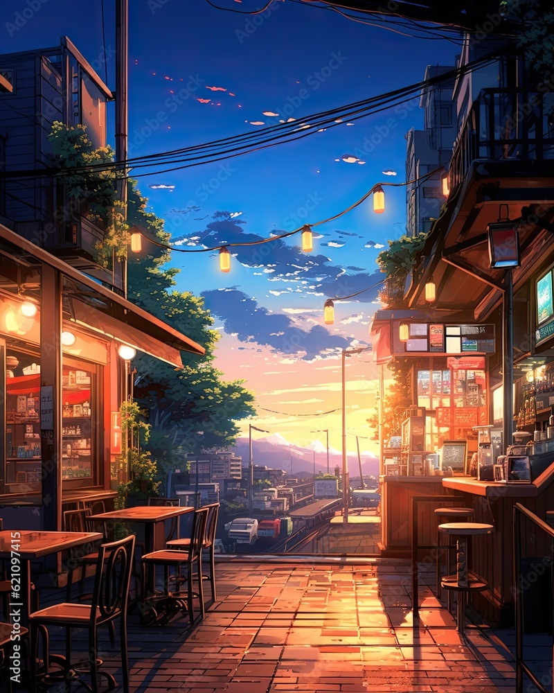 Beautiful anime-style illustration of outdoor restaurants at golden ...