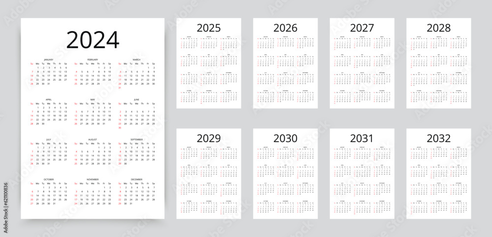 2024, 2025, 2026, 2027, 2028, 2029, 2030, 2031, 2032 years calendar ...