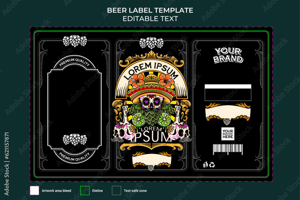 tropical beer label template illustration with mexican skull theme and green hops beer, editable ...