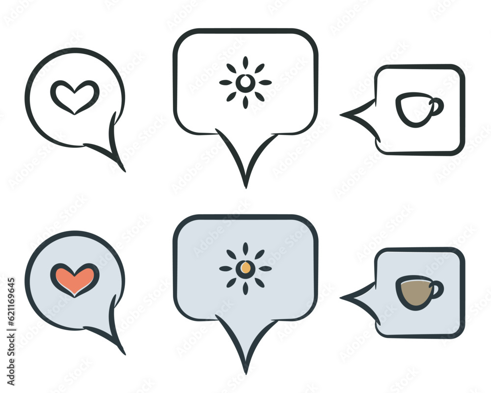 Speech Bubble icons set. Hand drawn cartoon style design, doodle brush ...