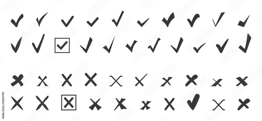 Grey check mark and cross icon set, square. Tick symbol in grey color ...