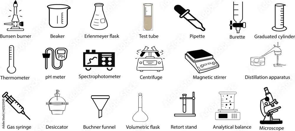 A set of 20 essential chemistry icons. Bunsen burner, Beaker ...