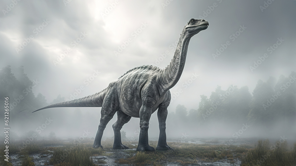 Barosaurus standing in white fog, realistic and detailed dinosaur image ...