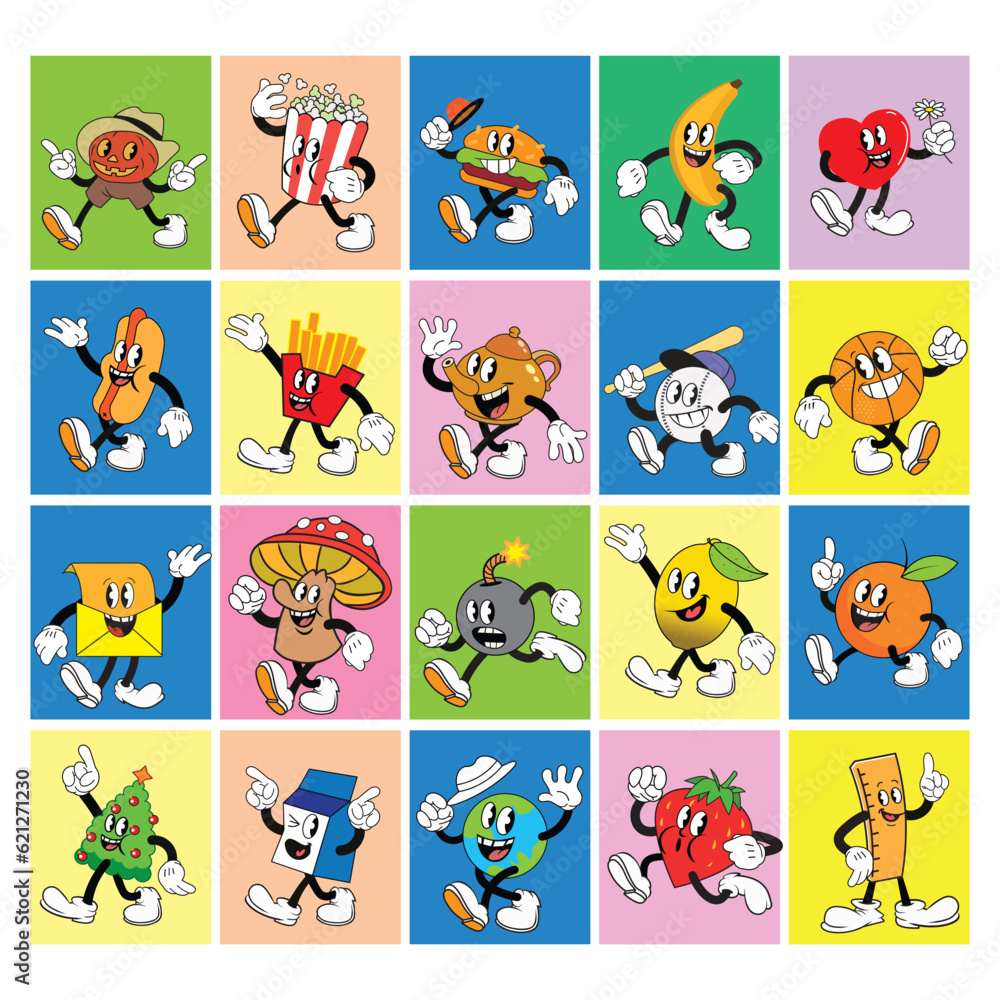 Set of vintage funny cartoon mascots, flat characters, comic ...