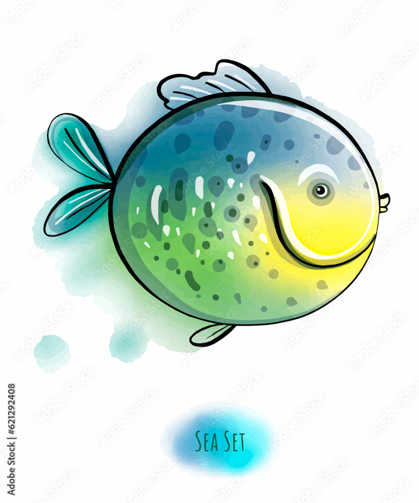 Starfish, fish, shell, on a white background, color art in a nautical ...