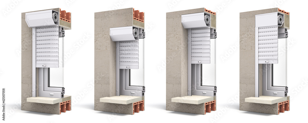 Types of external roller blinds. Cross section of various installation ...