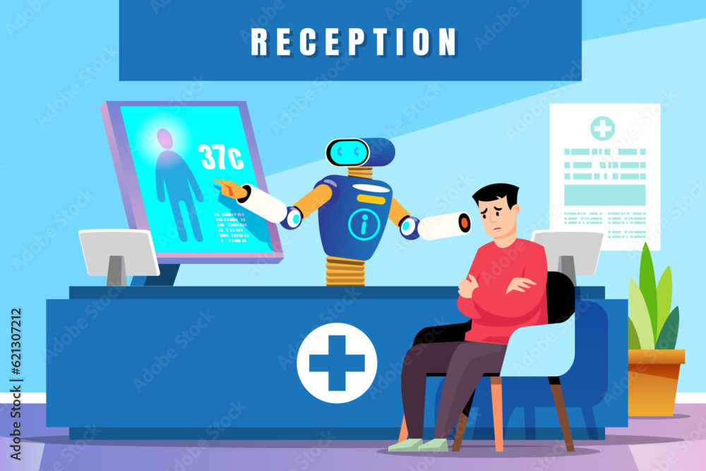 Robot doctor talking to a patient in hospital office. Receptionist at ...