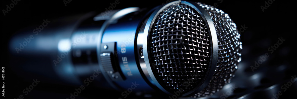 Illustration of a close-up view of a microphone on a black background ...